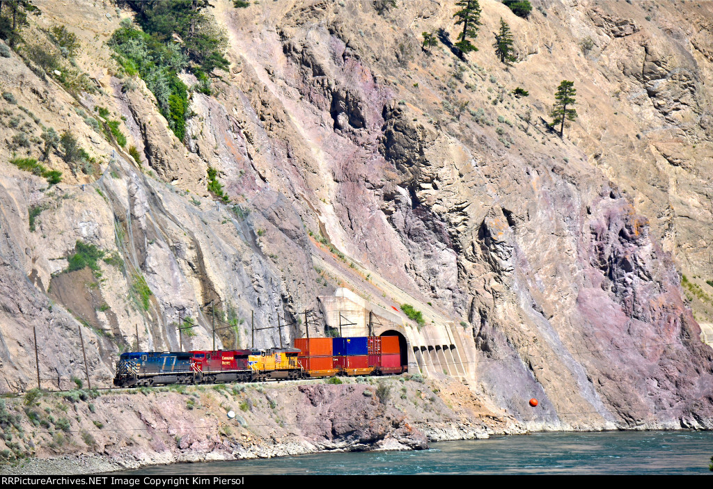 CEFX 1054 CP 8710 UP 5511 through the Skoonka Tunnels along the Thompson River